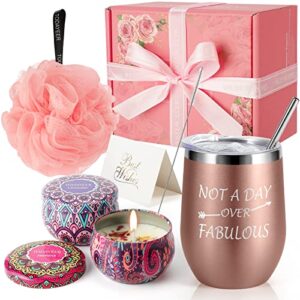 todayeer gifts for women christmas – grandma gifts – birthday gifts for women – funny wine tumblers rose gold and candles 2 pack and bath loofah xl bath set – mom sister friends grandma gifts