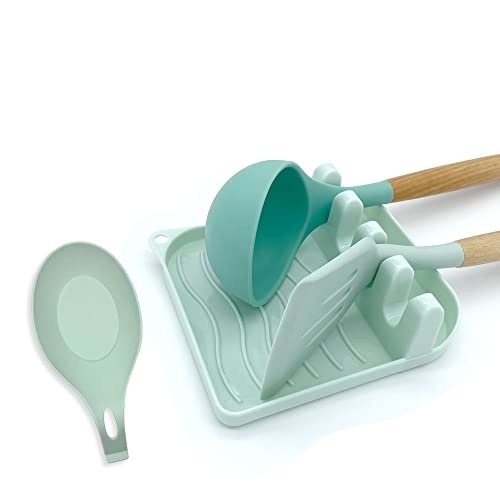 LSVGOE 2 Pack Multiple Utensil Spoon Rest with Drip Pad Non-Slip Heat Resistant Kitchen and Grill Spoon Holder for Spatula, Ladle, Tongs, Kitchen Gadgets, and Cooking Accessories (Light Green)