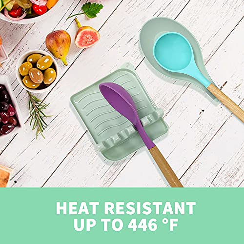 LSVGOE 2 Pack Multiple Utensil Spoon Rest with Drip Pad Non-Slip Heat Resistant Kitchen and Grill Spoon Holder for Spatula, Ladle, Tongs, Kitchen Gadgets, and Cooking Accessories (Light Green)