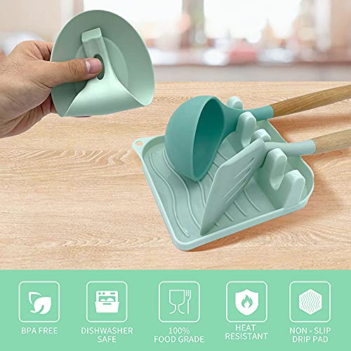 LSVGOE 2 Pack Multiple Utensil Spoon Rest with Drip Pad Non-Slip Heat Resistant Kitchen and Grill Spoon Holder for Spatula, Ladle, Tongs, Kitchen Gadgets, and Cooking Accessories (Light Green)