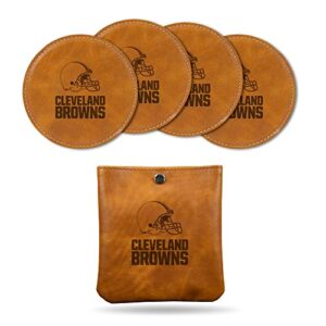 rico industries nfl cleveland browns brown faux leather laser engraved 4-pack coaster set with pouch – great beverage accessory for game day