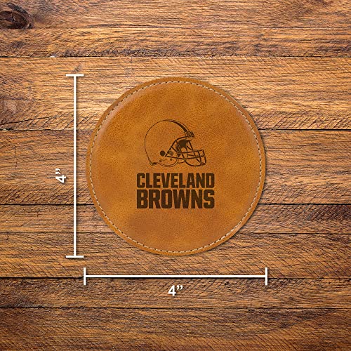 Rico Industries NFL Cleveland Browns Brown Faux Leather Laser Engraved 4-Pack Coaster Set with Pouch - Great Beverage Accessory for Game Day