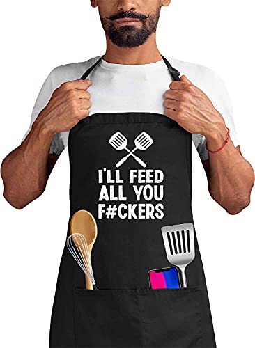 I'll Feed All You Fuckers Cooking 2 Pocket Apron BBQ Chef Kitchen Dad Gifts Cooking Fathers Day for BBQ Chef Black