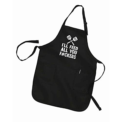 I'll Feed All You Fuckers Cooking 2 Pocket Apron BBQ Chef Kitchen Dad Gifts Cooking Fathers Day for BBQ Chef Black