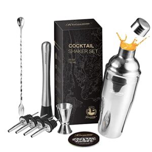 cocktail shaker set | kitessensu drink mixer | 10-piece bartender kit: 24 ounce margarita shaker, double jigger, muddler, 4 liquor pourers, alcohol mixer spoon, velvet bag, recipes booklet – silver