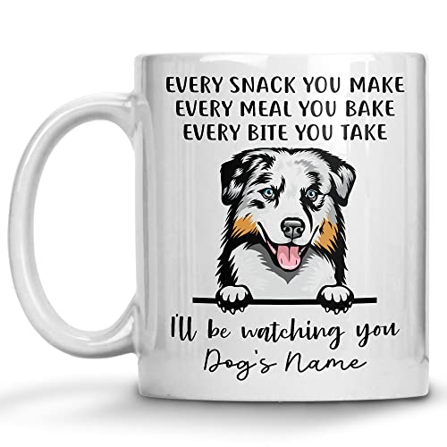 Personalized Blue Merle Australian Shepherd Coffee Mug, Every Snack You Make I'll Be Watching You, Customized Dog Mugs for Mom Dad, Gifts for Dog Lover, Mothers Day, Fathers Day, Birthday Presents