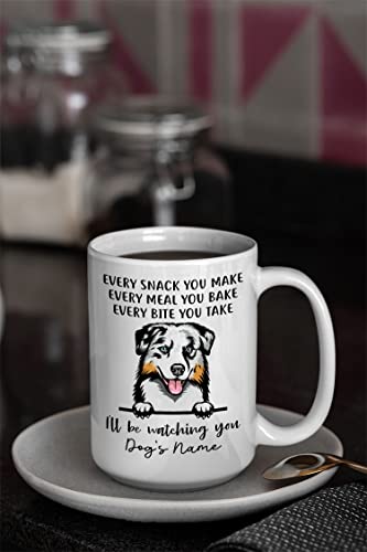 Personalized Blue Merle Australian Shepherd Coffee Mug, Every Snack You Make I'll Be Watching You, Customized Dog Mugs for Mom Dad, Gifts for Dog Lover, Mothers Day, Fathers Day, Birthday Presents