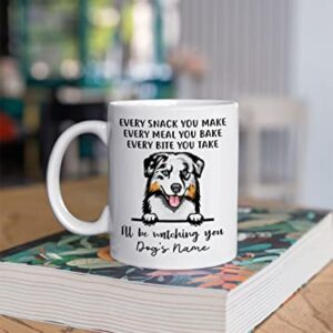 Personalized Blue Merle Australian Shepherd Coffee Mug, Every Snack You Make I'll Be Watching You, Customized Dog Mugs for Mom Dad, Gifts for Dog Lover, Mothers Day, Fathers Day, Birthday Presents