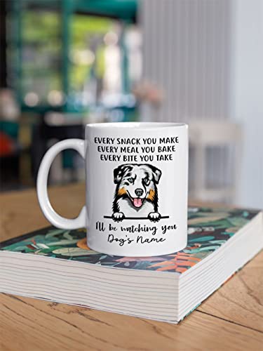 Personalized Blue Merle Australian Shepherd Coffee Mug, Every Snack You Make I'll Be Watching You, Customized Dog Mugs for Mom Dad, Gifts for Dog Lover, Mothers Day, Fathers Day, Birthday Presents