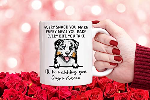 Personalized Blue Merle Australian Shepherd Coffee Mug, Every Snack You Make I'll Be Watching You, Customized Dog Mugs for Mom Dad, Gifts for Dog Lover, Mothers Day, Fathers Day, Birthday Presents