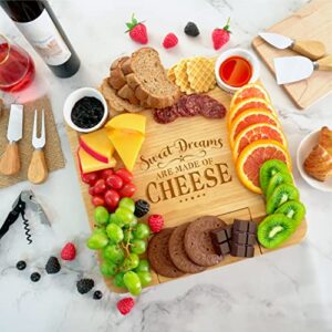 KITCHENVOY Bamboo Cheese Board Set with Slide-Out Drawer, Knife Set, Ceramic Bowls - Sweet Dreams Are Made of Cheese - Charcuterie Boards Gift Set for Christmas, Birthday, Housewarming, Wedding