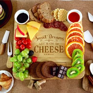 KITCHENVOY Bamboo Cheese Board Set with Slide-Out Drawer, Knife Set, Ceramic Bowls - Sweet Dreams Are Made of Cheese - Charcuterie Boards Gift Set for Christmas, Birthday, Housewarming, Wedding