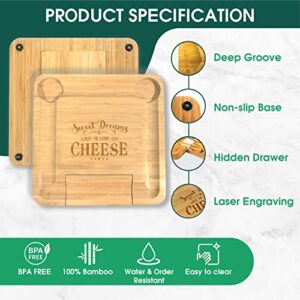 KITCHENVOY Bamboo Cheese Board Set with Slide-Out Drawer, Knife Set, Ceramic Bowls - Sweet Dreams Are Made of Cheese - Charcuterie Boards Gift Set for Christmas, Birthday, Housewarming, Wedding