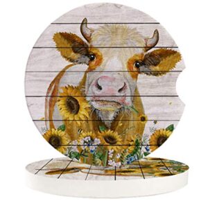 Car Cup Holder Coasters Set of 2, Wooden Plank Rural Animal Cow Biting Blooming Sunflowers, Absorbent Ceramic Stone Drink Coaster with A Finger Notch for Easy Removal of Auto Cupholder