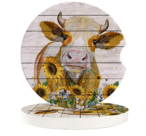 Car Cup Holder Coasters Set of 2, Wooden Plank Rural Animal Cow Biting Blooming Sunflowers, Absorbent Ceramic Stone Drink Coaster with A Finger Notch for Easy Removal of Auto Cupholder