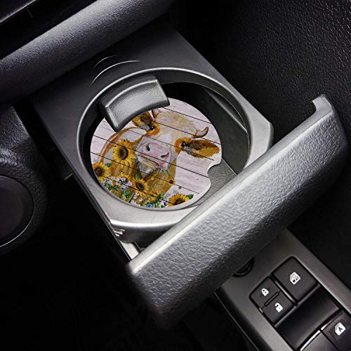 Car Cup Holder Coasters Set of 2, Wooden Plank Rural Animal Cow Biting Blooming Sunflowers, Absorbent Ceramic Stone Drink Coaster with A Finger Notch for Easy Removal of Auto Cupholder