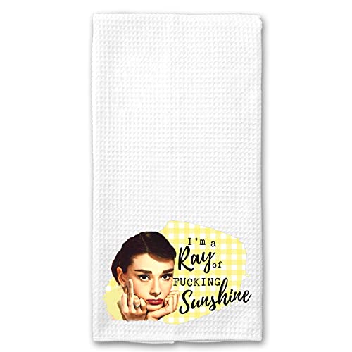 I'm Just a Ray of F*cking Sunshine Funny Vintage 1950's Housewife Pin-up Girl Waffle Weave Microfiber Towel Kitchen Linen Gift for Her BFF