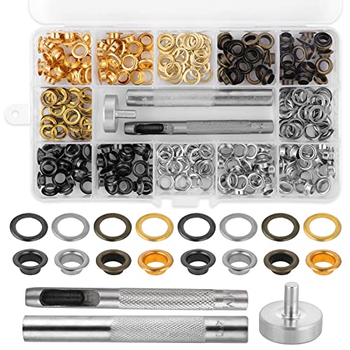 1/4 Inch Grommet Kit 200 Sets Metal Grommets Eyelets with 3 Pieces Install Setting Tool and Storage Box Kit for Fabric Leather Tarps Curtains (4 Colors)