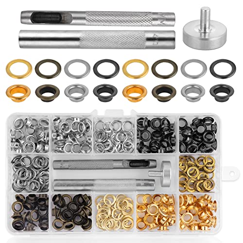 1/4 Inch Grommet Kit 200 Sets Metal Grommets Eyelets with 3 Pieces Install Setting Tool and Storage Box Kit for Fabric Leather Tarps Curtains (4 Colors)