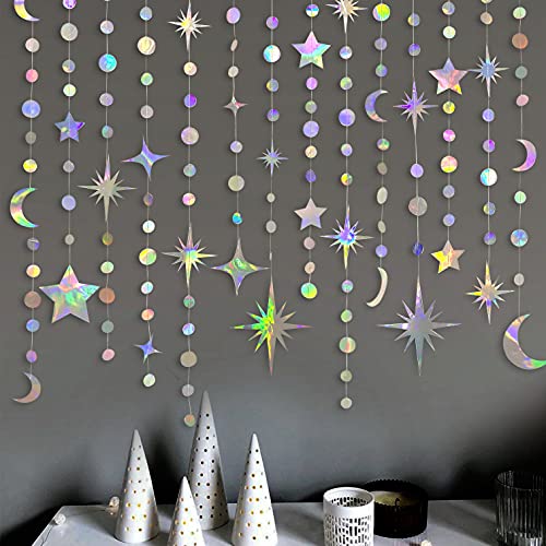 Iridescent Star Moon Circle Dot Garland Party Decoration Kit Hanging Crescent and Twinkle Little Star Streamer Bunting Banner for Kids First Birthday Ramadan EID Mubarak Baby Shower Wedding Decor