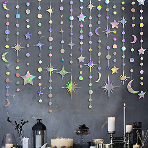 Iridescent Star Moon Circle Dot Garland Party Decoration Kit Hanging Crescent and Twinkle Little Star Streamer Bunting Banner for Kids First Birthday Ramadan EID Mubarak Baby Shower Wedding Decor