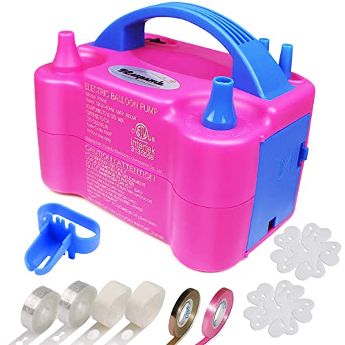 Balloon Pump, Electric Balloon Pump,Portable Dual Nozzles Electric Balloon Air Pump 110V 600W , Electric Balloon Inflator with Tying Tool, Flower Clips, Tape Strips, Dot Glues for Party Decoration