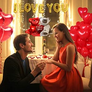 Golray 40 Pack I Love You Balloons and Heart Balloons Kit with 1000 Pcs Dark-Red Silk Rose Petals Wedding Flower Decoration Love-Bear Red Heart Balloons for Valentine Day Party Decorations