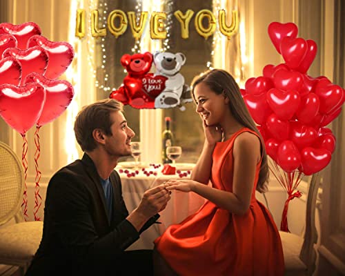 Golray 40 Pack I Love You Balloons and Heart Balloons Kit with 1000 Pcs Dark-Red Silk Rose Petals Wedding Flower Decoration Love-Bear Red Heart Balloons for Valentine Day Party Decorations