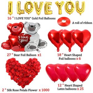 Golray 40 Pack I Love You Balloons and Heart Balloons Kit with 1000 Pcs Dark-Red Silk Rose Petals Wedding Flower Decoration Love-Bear Red Heart Balloons for Valentine Day Party Decorations