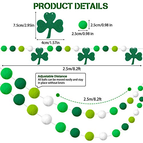 Tatuo 3 Pieces Pom Pom Garlands St. Patrick's Day Pom Garlands Felt Shamrock Clover Garlands Irish Wall Hanging Garlands for St. Patrick's Day Irish Party Indoor Outdoor Home Supplies