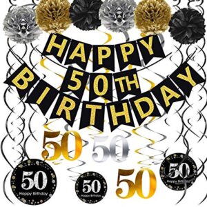 Famoby Black & Gold Glittery Happy 50th Birthday Banner,Poms,Sparkling 50 Hanging Swirls Kit for 50th Birthday Party 50th Anniversary Decorations Supplies