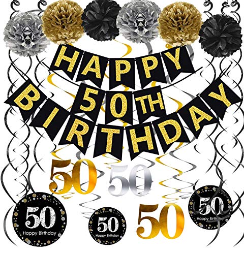 Famoby Black & Gold Glittery Happy 50th Birthday Banner,Poms,Sparkling 50 Hanging Swirls Kit for 50th Birthday Party 50th Anniversary Decorations Supplies