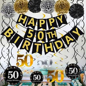 Famoby Black & Gold Glittery Happy 50th Birthday Banner,Poms,Sparkling 50 Hanging Swirls Kit for 50th Birthday Party 50th Anniversary Decorations Supplies