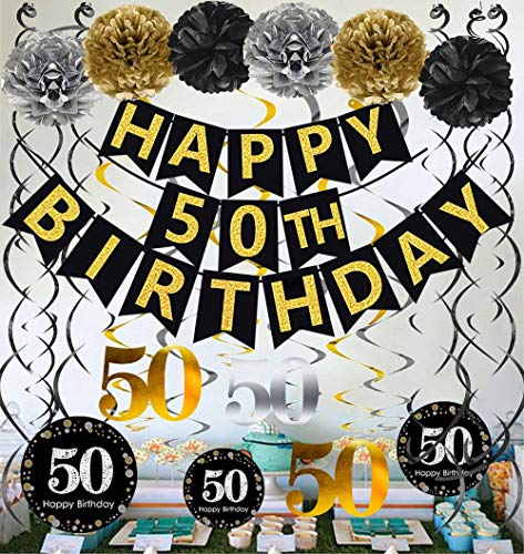 Famoby Black & Gold Glittery Happy 50th Birthday Banner,Poms,Sparkling 50 Hanging Swirls Kit for 50th Birthday Party 50th Anniversary Decorations Supplies