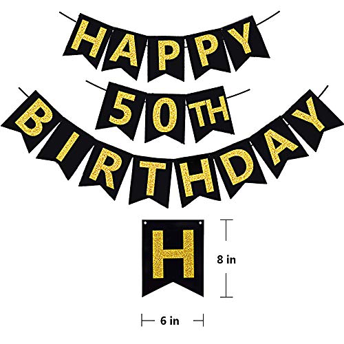 Famoby Black & Gold Glittery Happy 50th Birthday Banner,Poms,Sparkling 50 Hanging Swirls Kit for 50th Birthday Party 50th Anniversary Decorations Supplies