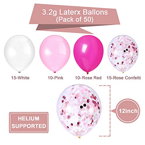 Thomtery Pink Confetti White Balloons, 50pcs 12 inch Latex Balloons for Birthday Party, Valentine's Day Decorations