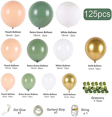 Sage Green Balloon Garland Kit - 125Pcs Eucalyptus Garland, Retro Olive Green, Peach White and Gold Latex Balloons Arch Kit for Wedding Birthday, Baby & Bridal Shower Decorations