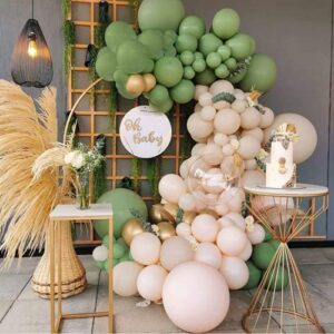 Sage Green Balloon Garland Kit - 125Pcs Eucalyptus Garland, Retro Olive Green, Peach White and Gold Latex Balloons Arch Kit for Wedding Birthday, Baby & Bridal Shower Decorations