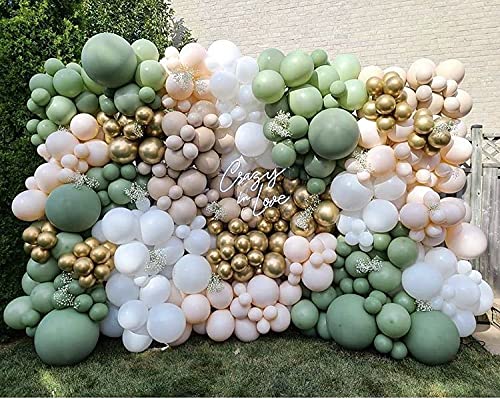 Sage Green Balloon Garland Kit - 125Pcs Eucalyptus Garland, Retro Olive Green, Peach White and Gold Latex Balloons Arch Kit for Wedding Birthday, Baby & Bridal Shower Decorations