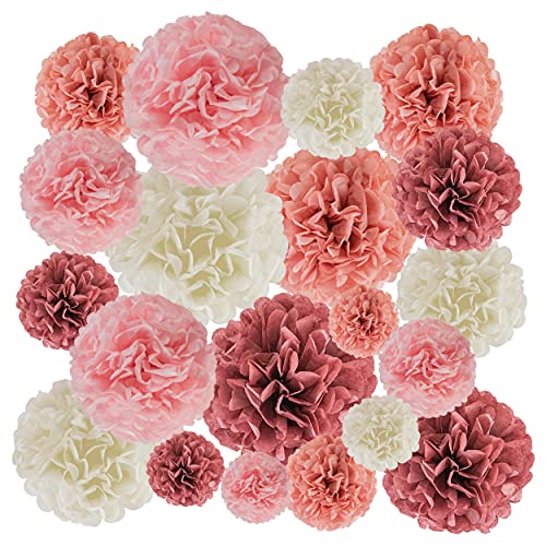 EpiqueOne 20-Piece Tissue Paper Pom Poms Party Kit - Add a Splash of Blush Pink, Dusty Rose, Mauve & Cream to Your Celebrations! Perfect for Birthday, Bridal Shower, Baby Shower, Wedding & Graduation