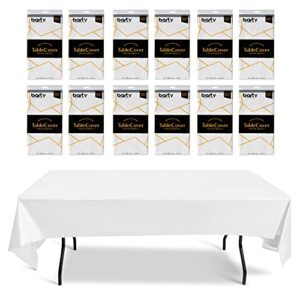 plastic table cloths for parties disposable, pack of 12, thick white tablecloth good for wedding, birthday, picnic camping, also 12 clips for disposable tablecloths for rectangle tables – 54×108-inch