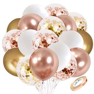 rose gold confetti latex balloons, 60 pcs 12 inch white metallic gold party balloon with 33 ft rose gold ribbon for birthday wedding anniversary bridal shower decoration