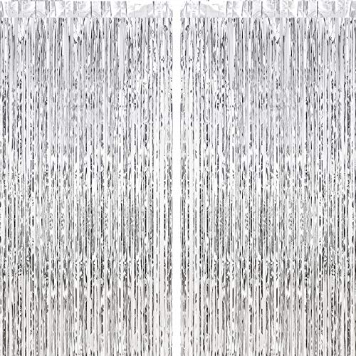 CHRORINE 2pcs 3ft x 8.3ft Silver Tinsel Foil Fringe Curtains Streamers Backdrop for Birthday Graduation Engagement Bridal Shower Bachelorette Baby Shower Holiday Party Decorations