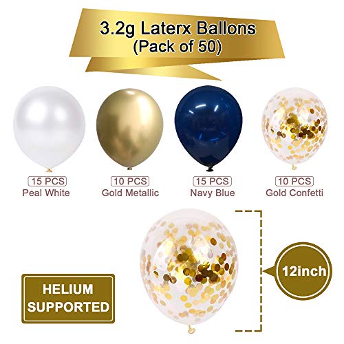 Navy Blue and Gold Confetti Balloons, 50 pcs 12 inch Pearl White and Gold Metallic Chrome Birthday Balloons for Celebration Graduation Party Balloons