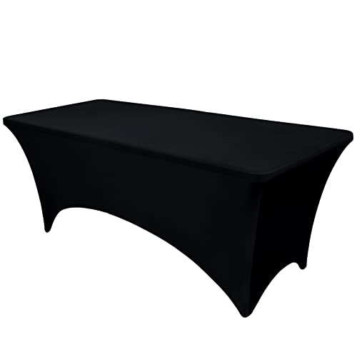 OutdoorLines Fitted Tablecloth Black Table Clothes for 6 Foot Rectangle Table - Elastic Spandex Massage Bed Table Cover, Stretch Wrinkle Free Table Covers for Party, Wedding, Birthday, Banquet, Vendor