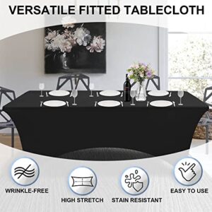 OutdoorLines Fitted Tablecloth Black Table Clothes for 6 Foot Rectangle Table - Elastic Spandex Massage Bed Table Cover, Stretch Wrinkle Free Table Covers for Party, Wedding, Birthday, Banquet, Vendor