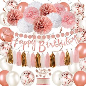 rose gold and pink birthday party decorations set with happy birthday banner,diy cake topper,circle dots garland,hanging swirls,tissue paper pompoms,paper tassels garland,confetti balloons for man women birthday party decorations