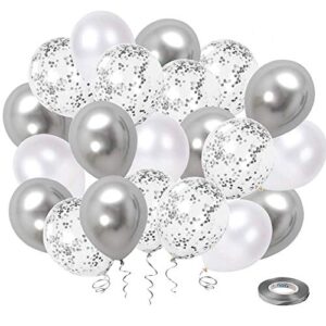 white silver confetti latex balloons, 50 pack 12inch silver metallic chrome party balloon set with silver ribbon for wedding birthday baby shower decorations