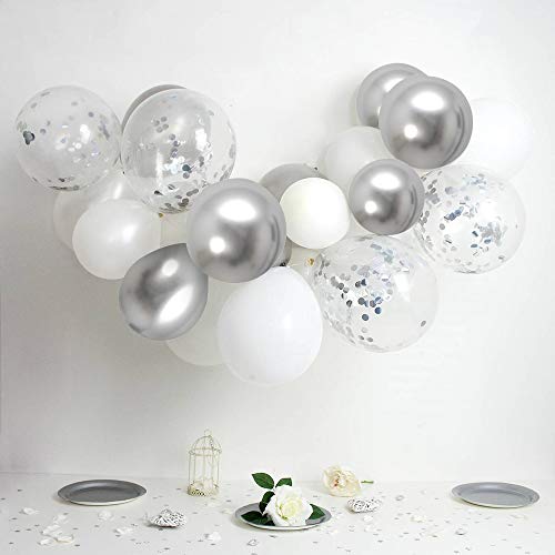 White Silver Confetti Latex Balloons, 50 Pack 12inch Silver Metallic Chrome Party Balloon Set with Silver Ribbon for Wedding Birthday Baby Shower Decorations