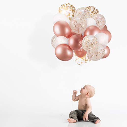 60 Pack Rose Gold Balloons + White Balloons + Confetti Balloons w/Ribbon | Rosegold Balloons for Parties | Bridal & Baby Shower Balloon Decorations | Latex Party Balloons | Graduation and Engagement